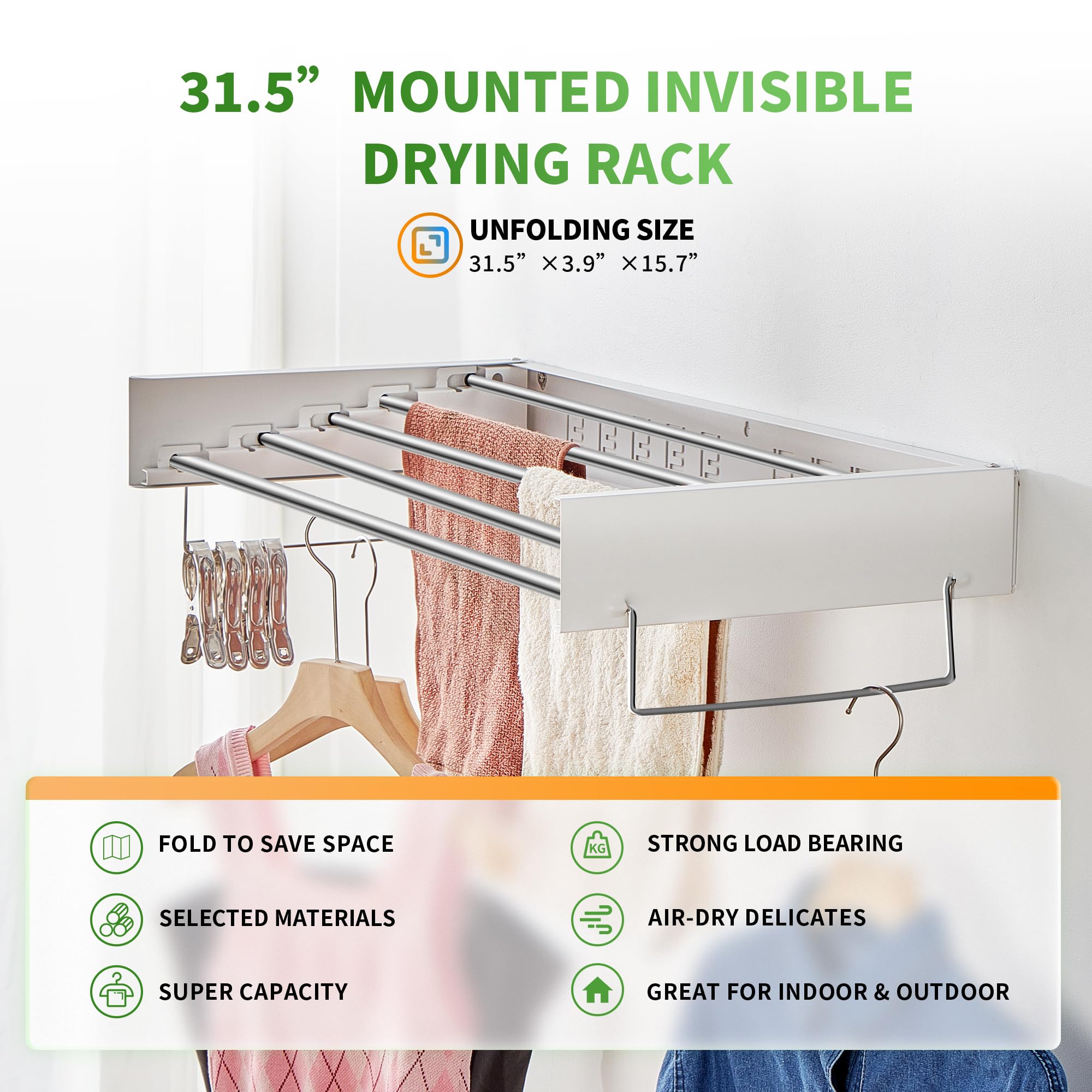 Heshecein Clothes Drying Rack for Laundry,Wall Mounted Collapsible Laundry Drying Rack,5 Stainless Steel Rods,Folding Indoor/Outdoor Drying Rack Clothing,Towel Drying Rack,White,31.5" Wide