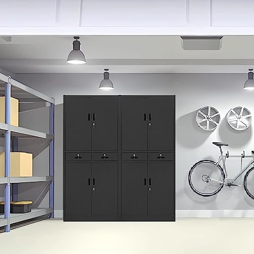 CJF Metal Storage Cabinet with Adjustable Shelves and Drawers, Locking Steel Storage Cabinet for Pantry, Office, Garage, Home, School, Utility (Black)