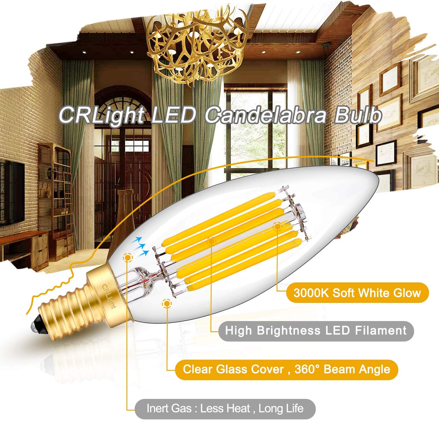 CRLight 6W LED Candelabra Bulb 5000K Daylight White, 70W Equivalent 700 Lumens Dimmable E12 Base LED Candle Bulbs, Vintage Edison B10 Clear Glass Torpedo Shape Chandelier Light Bulbs, 8 Pack
