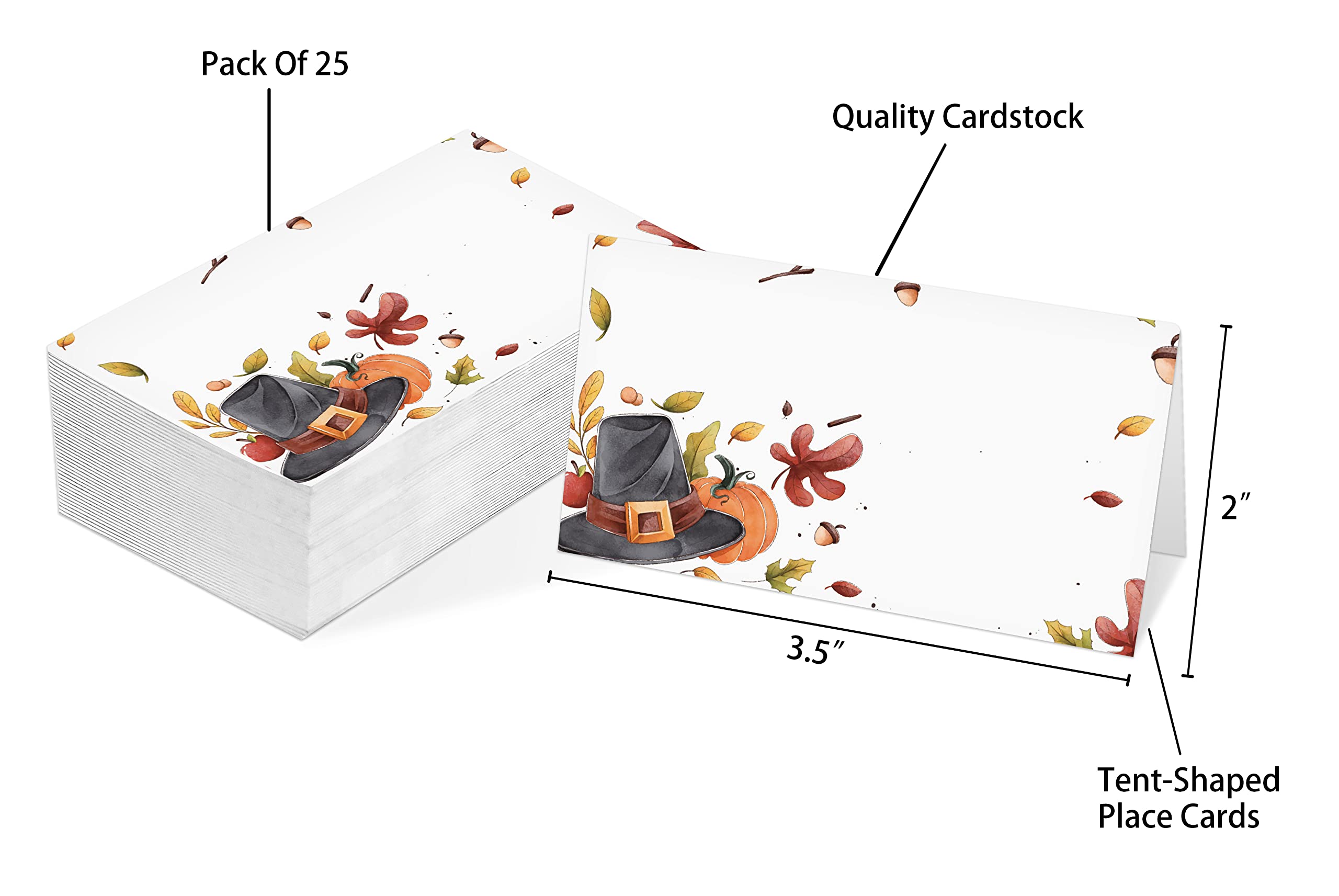 Table Place Card, Fall Thanksgiving Themed Tent Style Cards, Pack of 25 Half-Fold Reception Place Card with Top Hat and Pumpkin, Perfect for Thanksgiving Dinner, Party, Birthday, Wedding, Banquet A09