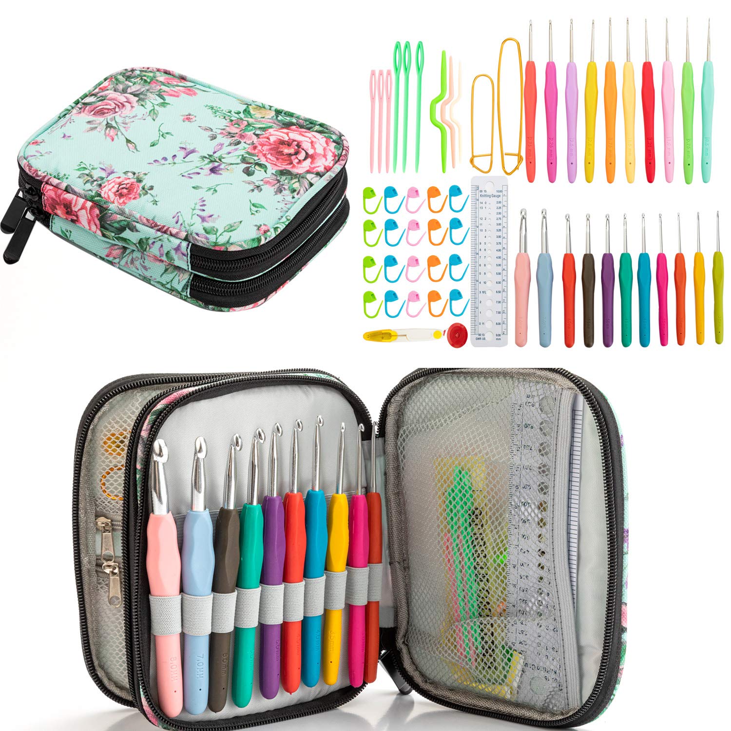 Ctcwsh Full Size Crochet Hooks Kit with Case,56-Piece Ergonomic Crochet Hook Set Size 0.5mm-8mm,Knitting Needles with Storage Bag and Accessories for Arthritic Hands,Beginners
