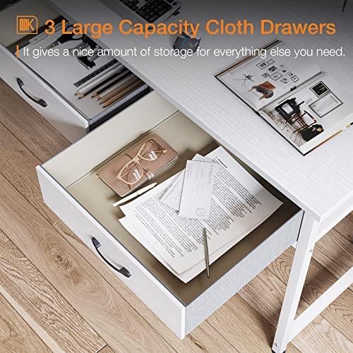 ODK 48 Inch Computer Desk with 3 Drawer and Large Storage Shelves, Home Office Desk with Monitor Shelf, Modern Work Writing Study Desk, White
