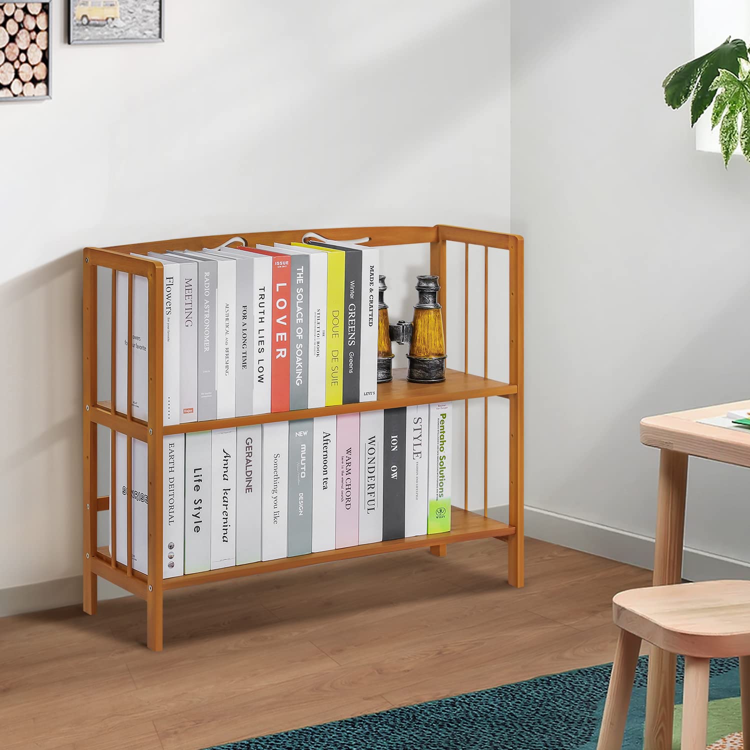 MoNiBloom Bamboo 2-Tier Bookshelf Bookcase Storage Organizer Plant Flower Stand, Utility Shelf Rack for Living Room Bathroom Balcony Table Home, Natural