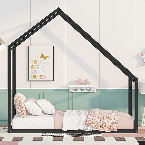 Epinki Twin Size Metal House Bed Kids Bed, Black, Kids Bed, No Box Spring Needed, Easy Assembly