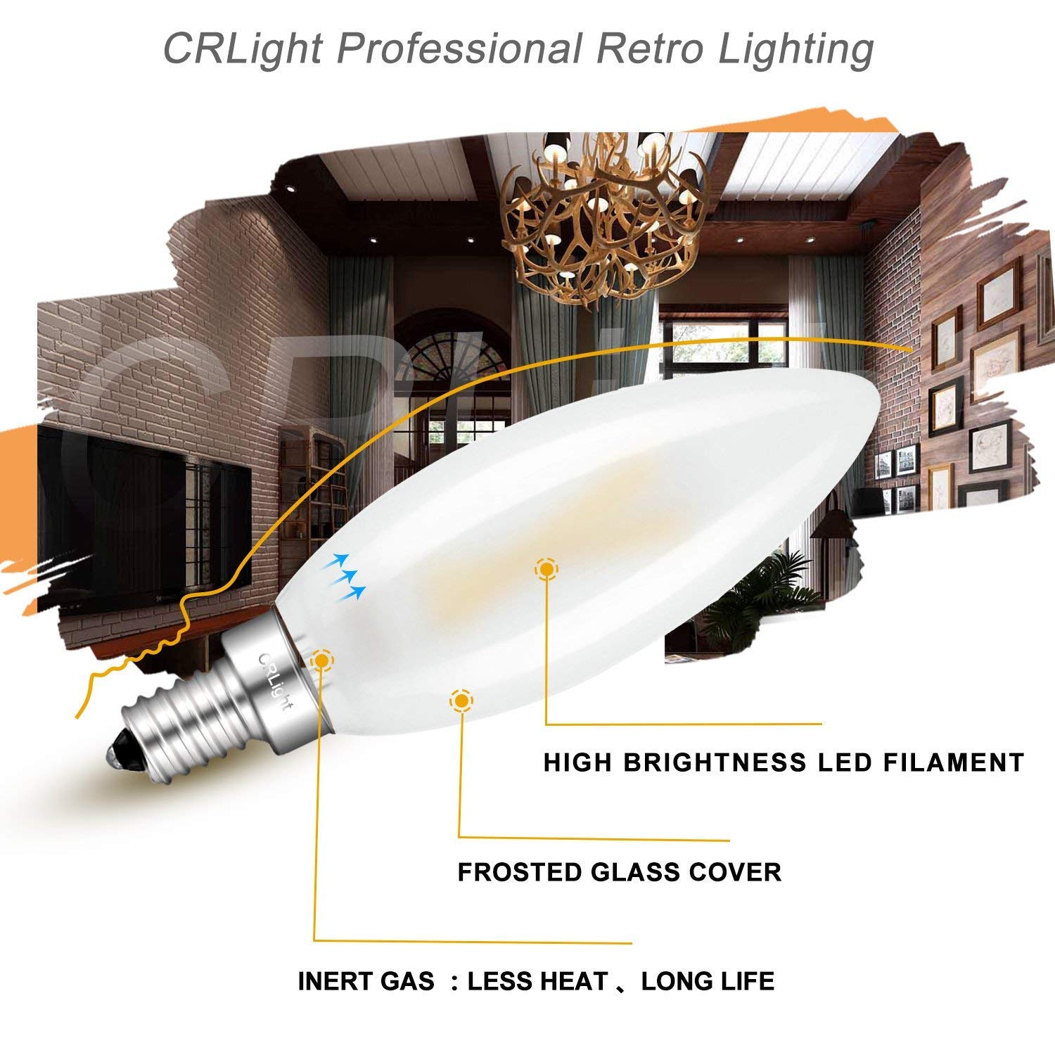 CRLight LED Candelabra Bulb 25W Equivalent 250 Lumen, 3000K Soft White 2W Filament LED Chandelier Light Bulbs, E12 Base Vintage Edison B10 Frosted Glass Dimmable LED Candle Bulbs, Pack of 8