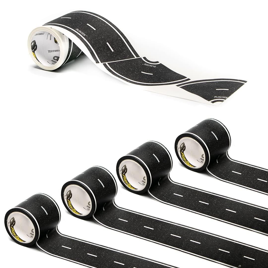 PlayTape Road Tape and Curves for Toy Cars - 4 Rolls of 30 ft. x 2 in. Asphalt Road + 1 Roll of 36 Curves