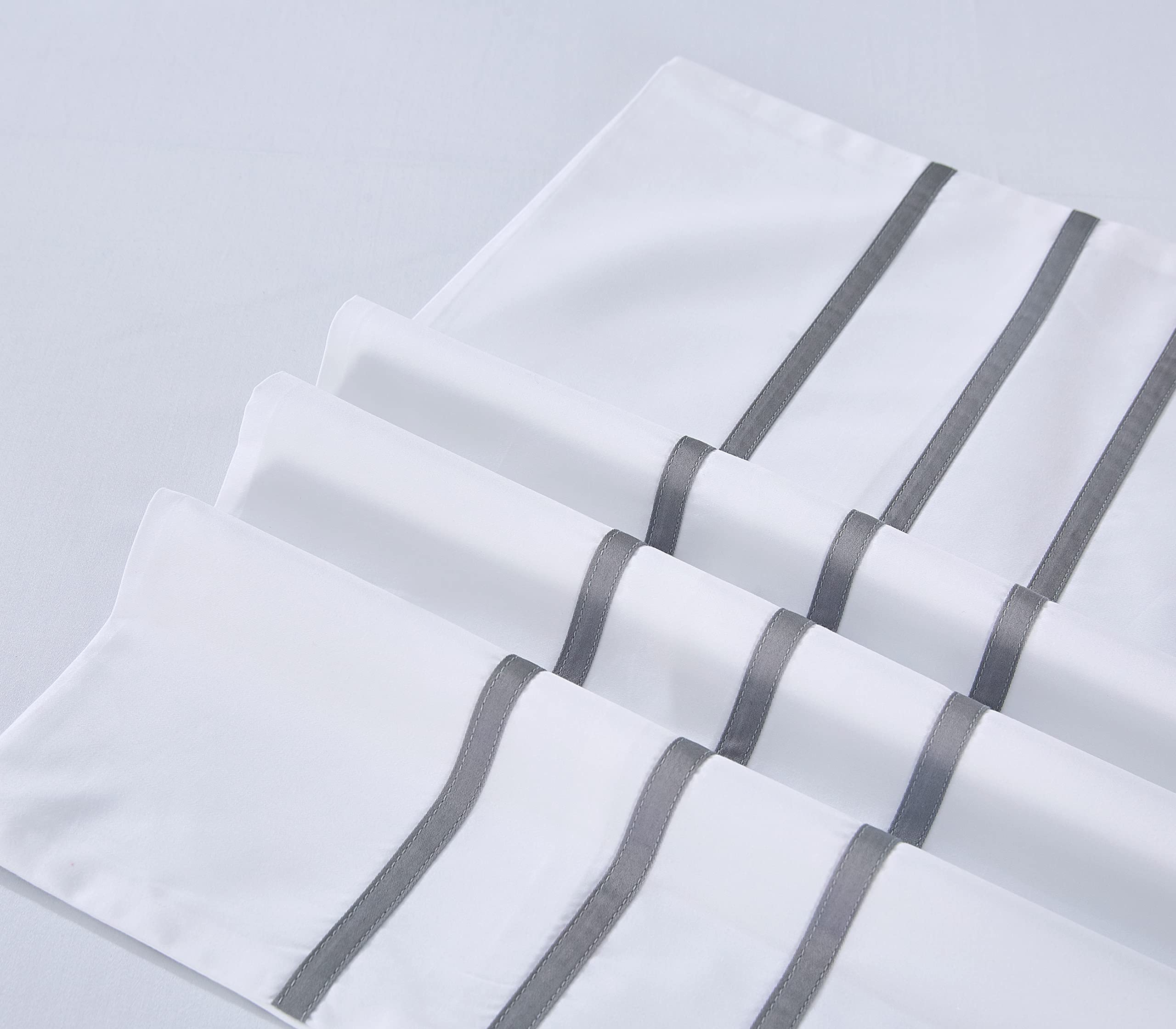MengBoo Karen 3 Pieces White Duvet Cover Set Without Filling Grey Stripe Trim 100% Egyptian Cotton 300 Thread Count Soft Sateen Hotel Collection Zipper Closure Corner Ties (White Grey, Queen)…