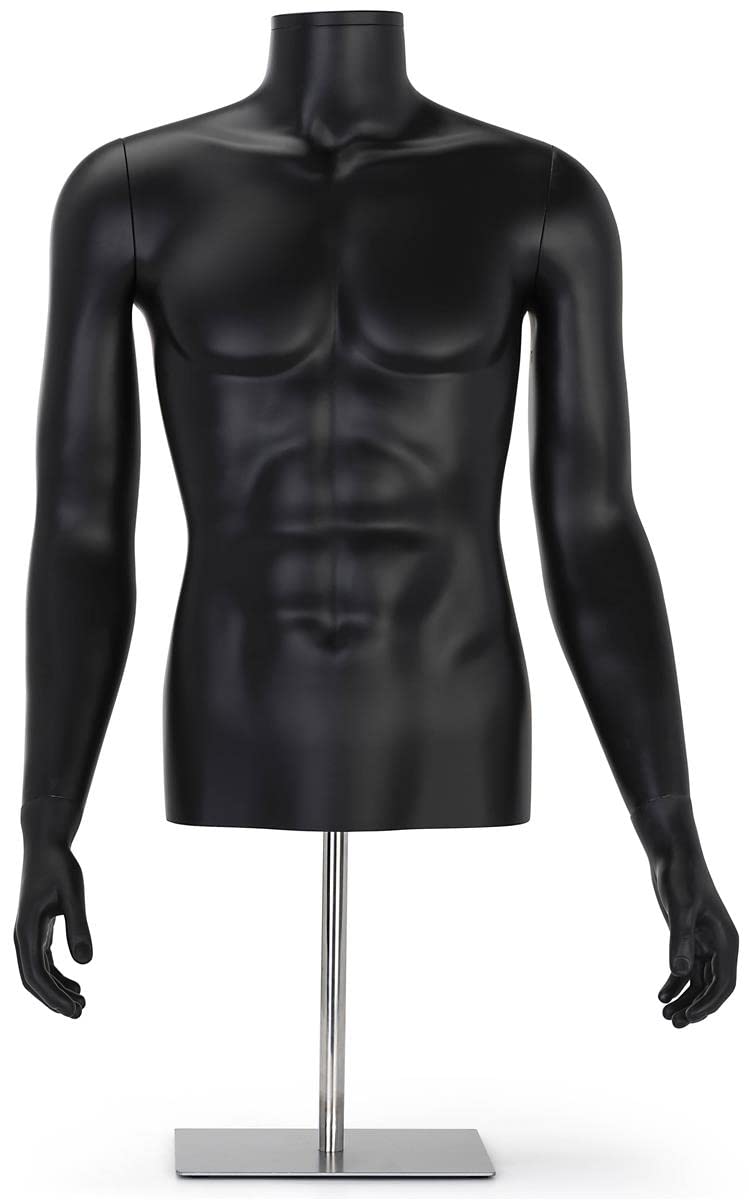 Displays2go Headless Male Torso Mannequin with Metal Base, Removable Arms - Matte Black (SMMMATBA)
