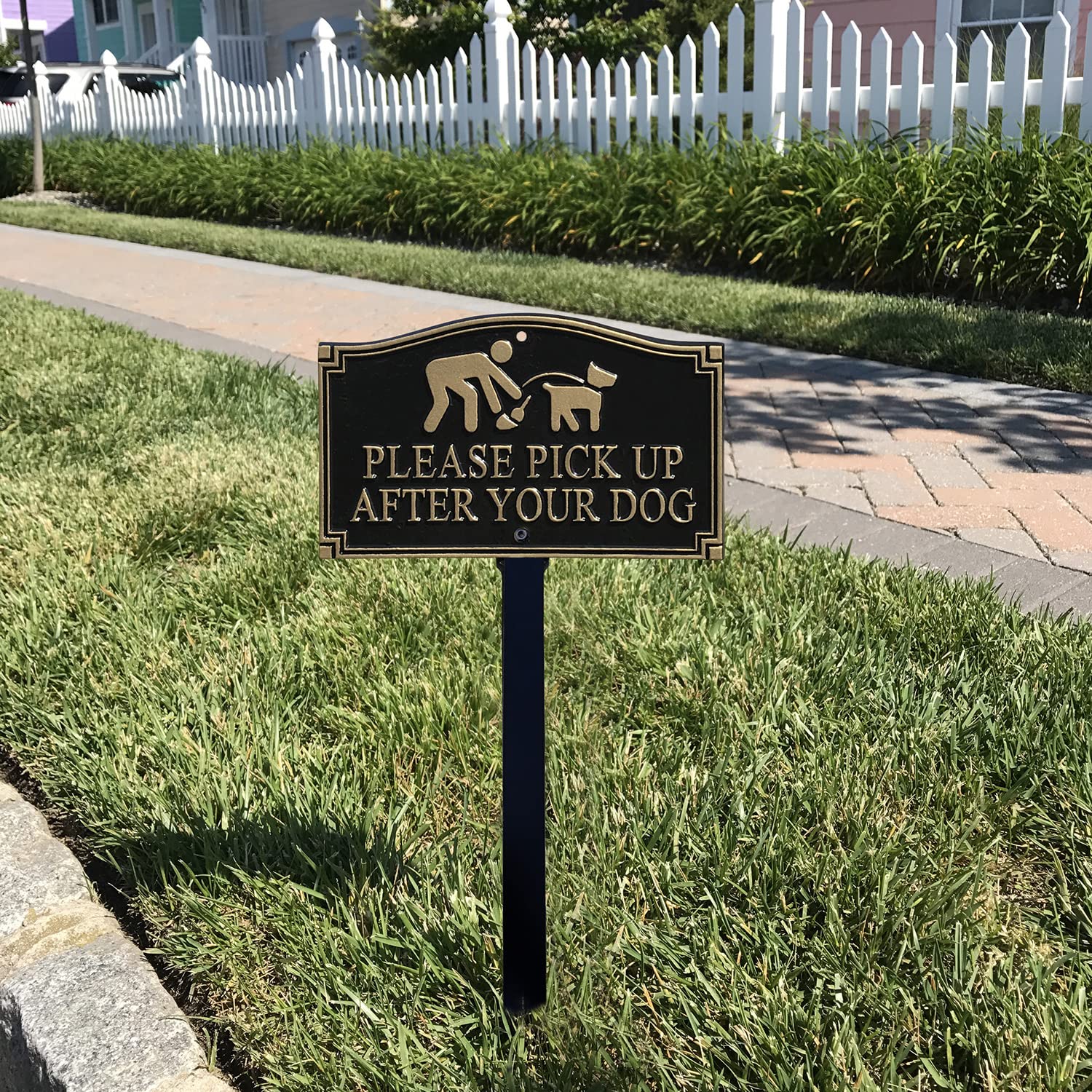SmartSign Please Pick Up After Your Dog Sign for Yard | 5.75" x 9.5" Aluminum GardenBoss Statement Plaque with 18" Black Lawn Stake, Premium/Designer, Made in USA