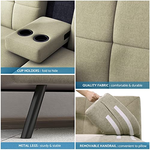 LIFERECORD Futon Sofa Bed Modern Linen Fabric Convertible Folding Lounge Couch Daybed for Living Room with 2 Cup Holders, Removable Soft Armrest and Sturdy Metal Leg, Khaki
