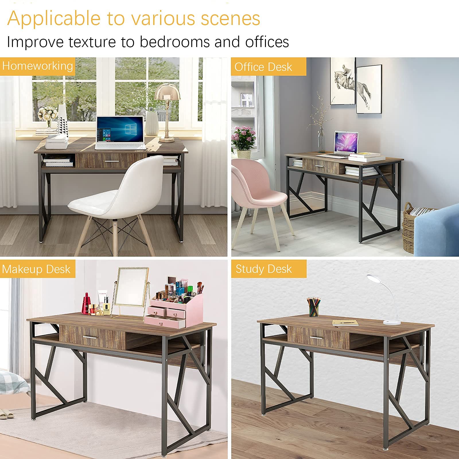 Computer Desk with Drawer DEWEL 47 inch Modern Desk Home Office Desk Gaming Executive Desk with Shelves Study Writing Desk for Small Space PC Laptop Workstation with Storage Space-Saving Easy Assembly