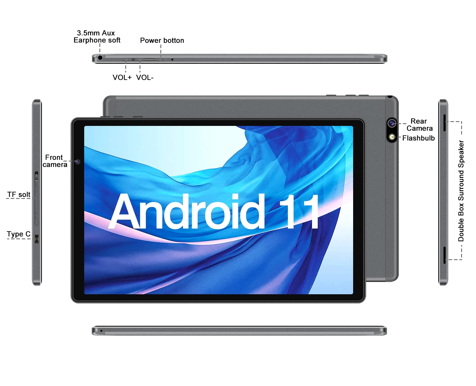 FACETEL 10 inch Tablet Android Tablet with Keyboard 2 in 1 Tablet 4GB RAM 64GB ROM TF 128 GB, 8000mAh, FHD, Dual Camera, WiFi Bluetooth Tablet with Mouse, Grey