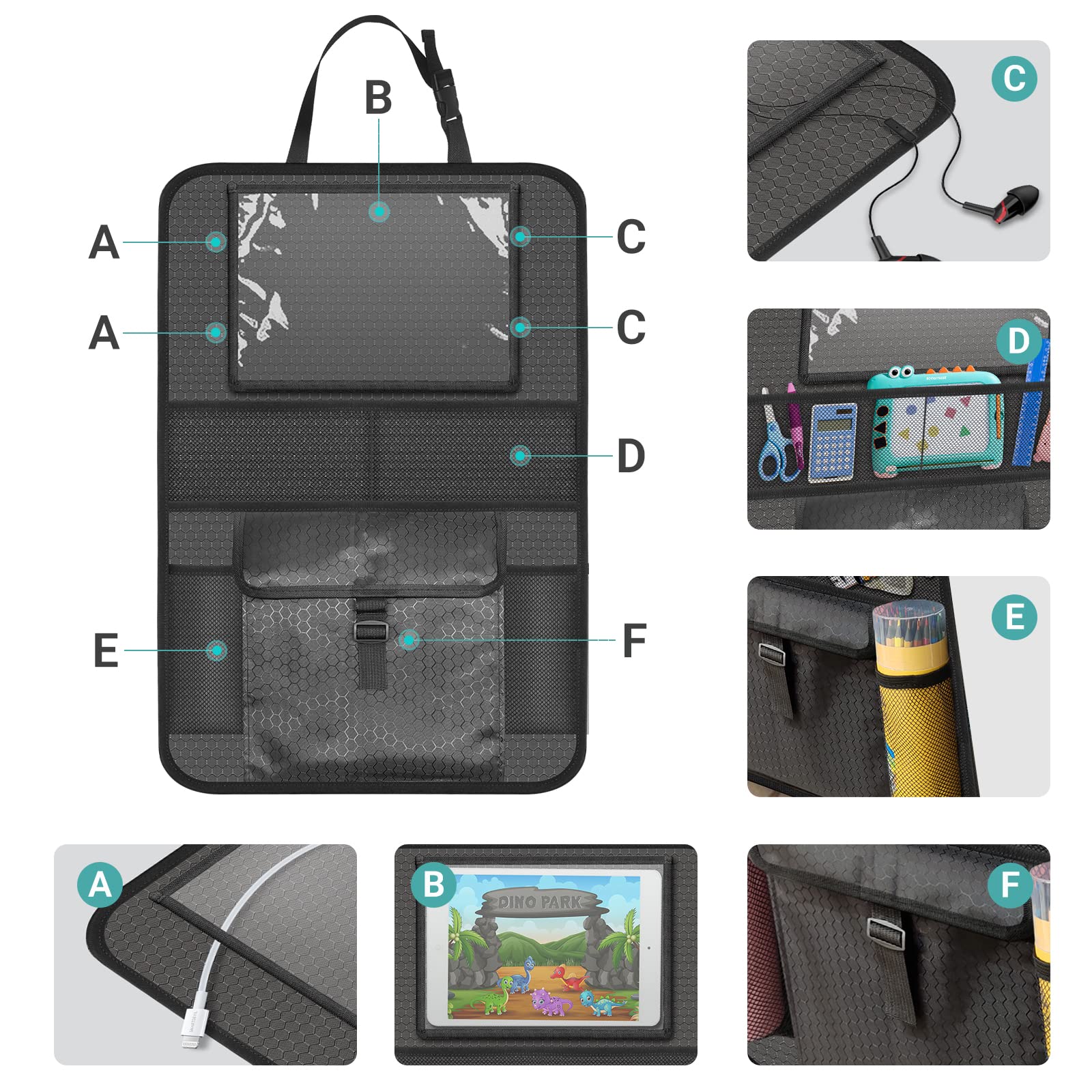 Ecurfu Backseat Car Organizer, Back Seat Protectors Kick Mats, Car Storage Bag with iPad Tablet Holder + 6 Storage Pockets for Kids Toddlers, Travel Accessories