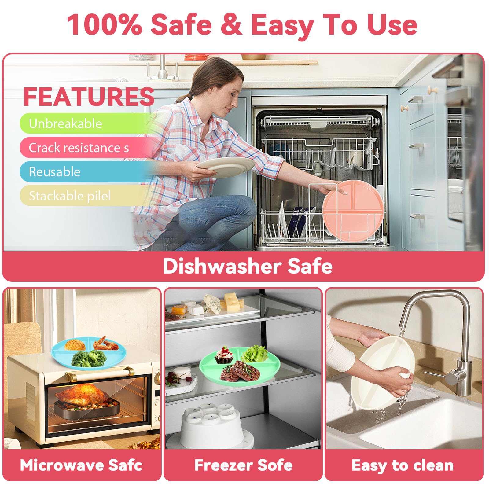 DYB DONGYONGBAO Portion Control Plate For Weight loss 9Inch 5PS, Reusable Wheat Straw Round Plastic Divided Dinner Plates, Microwave And Dishwasher Safe, Suitable For Kids And Adults