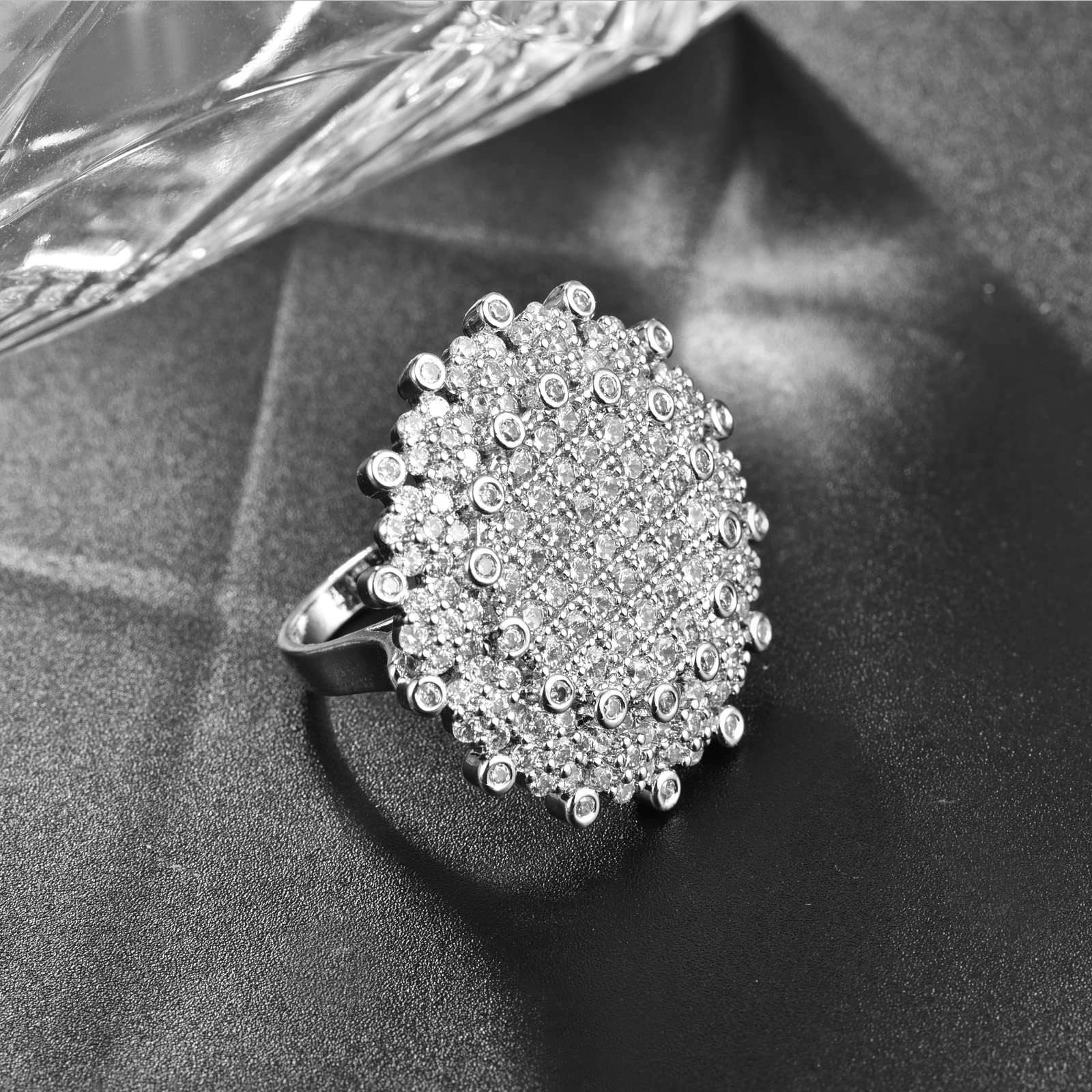 Cubic Zirconia Rings 14K Gold Plated Luxury Diamond Ring Statement Cocktail Rings for Women (Silver, 7)