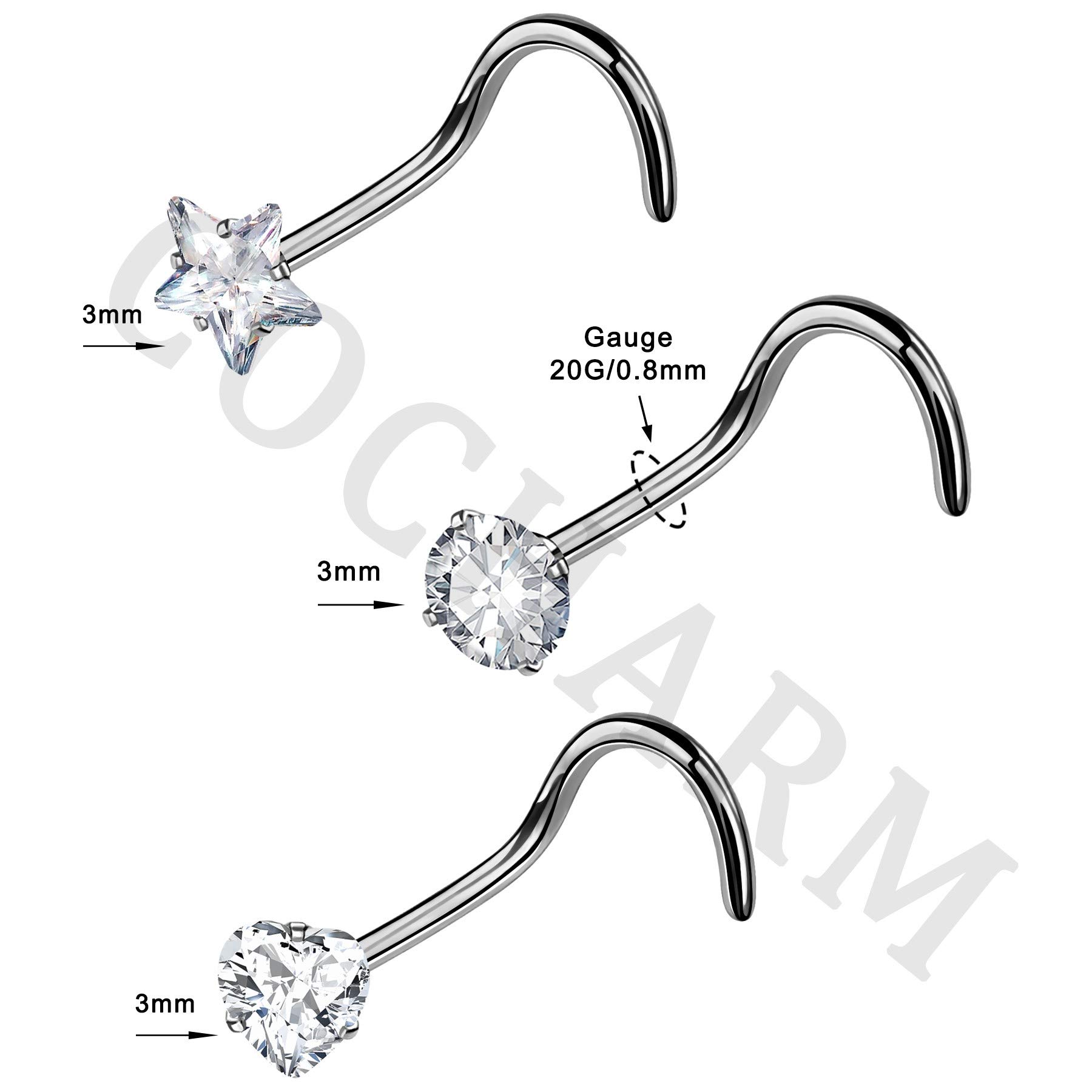COCHARM 3pcs G23 Titanium 20g Nose Stud Pack Nose Piercing Stud Nose Rings for Women Surgical Steel Screw Nose Stud Star Heart Nose Stud Corkscrew Nose Jewelry Hypoallergenic