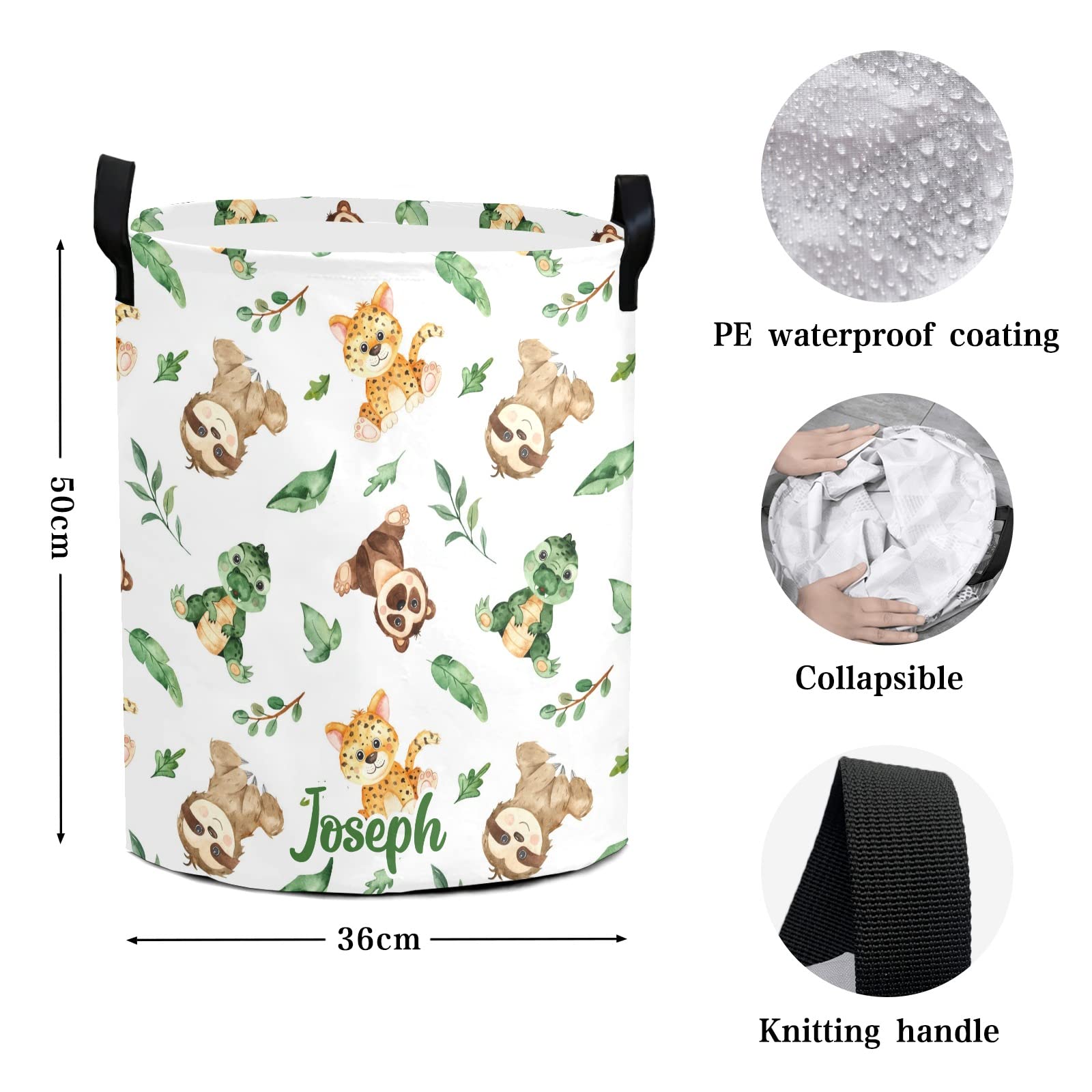 Cute Baby Animal Jaguar Sloth Bear Cayman Leaves Personalized Laundry Basket Clothes Hamper with Handles Waterproof,Collapsible Laundry Storage Baskets for Bathroom,Bedroom Decorative 19.7"Hx14.2"D