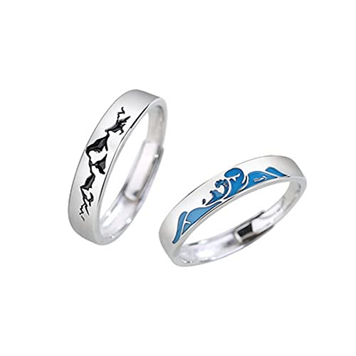 Couple Open Adjustable Rings Mountain and Sea Forever Love Matching Promise Rings Set Matching Rings for Men Women (B), Silver