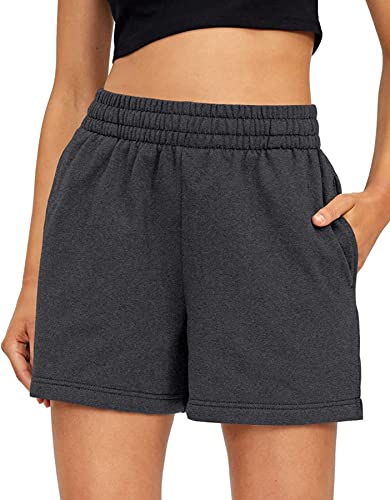 Elastic Waist Comfy Workout Cycling Athletic Running Shorts for Women Solid Cute Drawstring Volleyball Sweat Shorts Summer Casual PJ Bermuda Shorts Pocket Dark Grey L