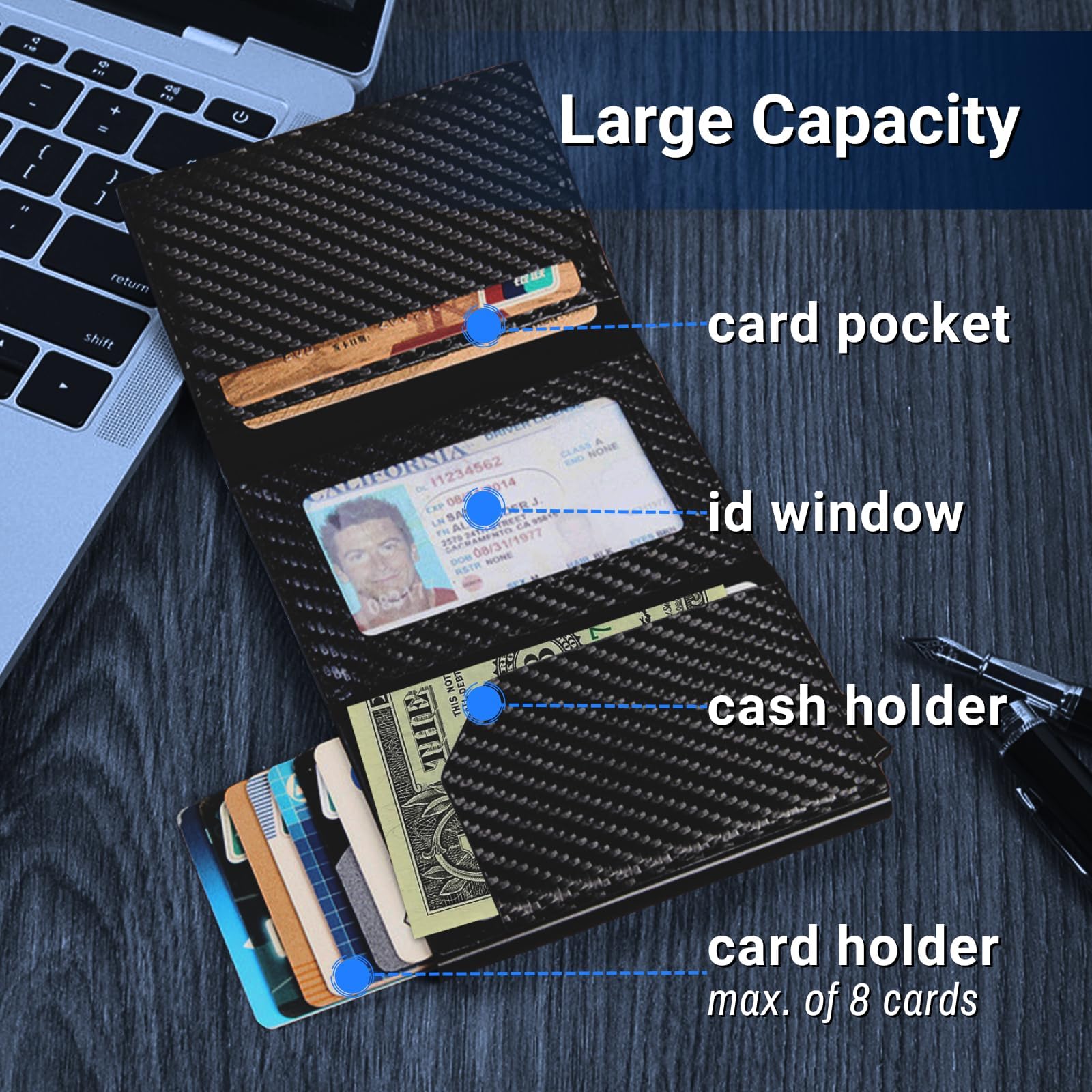 elzama AirTag Wallet Men with Airtag Holder, Slim Carbon Fiber Pop Up Cardholder Wallet with ID Window, RFID Blocking & Air Tags Keychain (Apple AirTag Not Included)