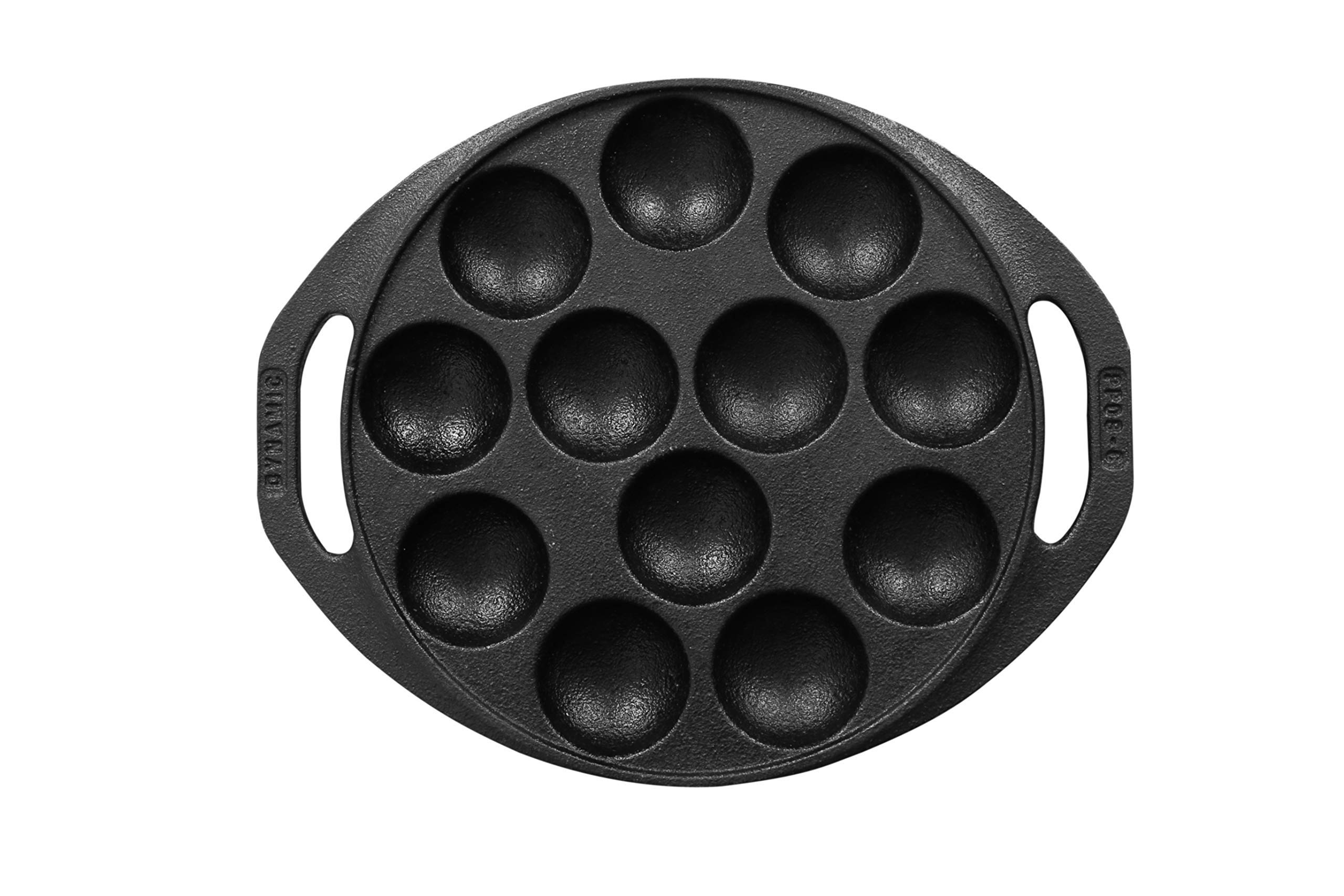 DYNAMIC COOKWARES, Mini Paniyaram pan Cast Iron Flat Bottom Tawa 8 Inch 12 Cavity, Go's Best with Gas, Induction Base, and Electrical Cook top