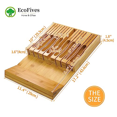 EcoFives In-Drawer Knife Block,Bamboo Knife Drawer Organizer Insert, Kitchen Knife Drawer Storage for 16 Knives a Slot for your Knife Sharpener (Without Knives)
