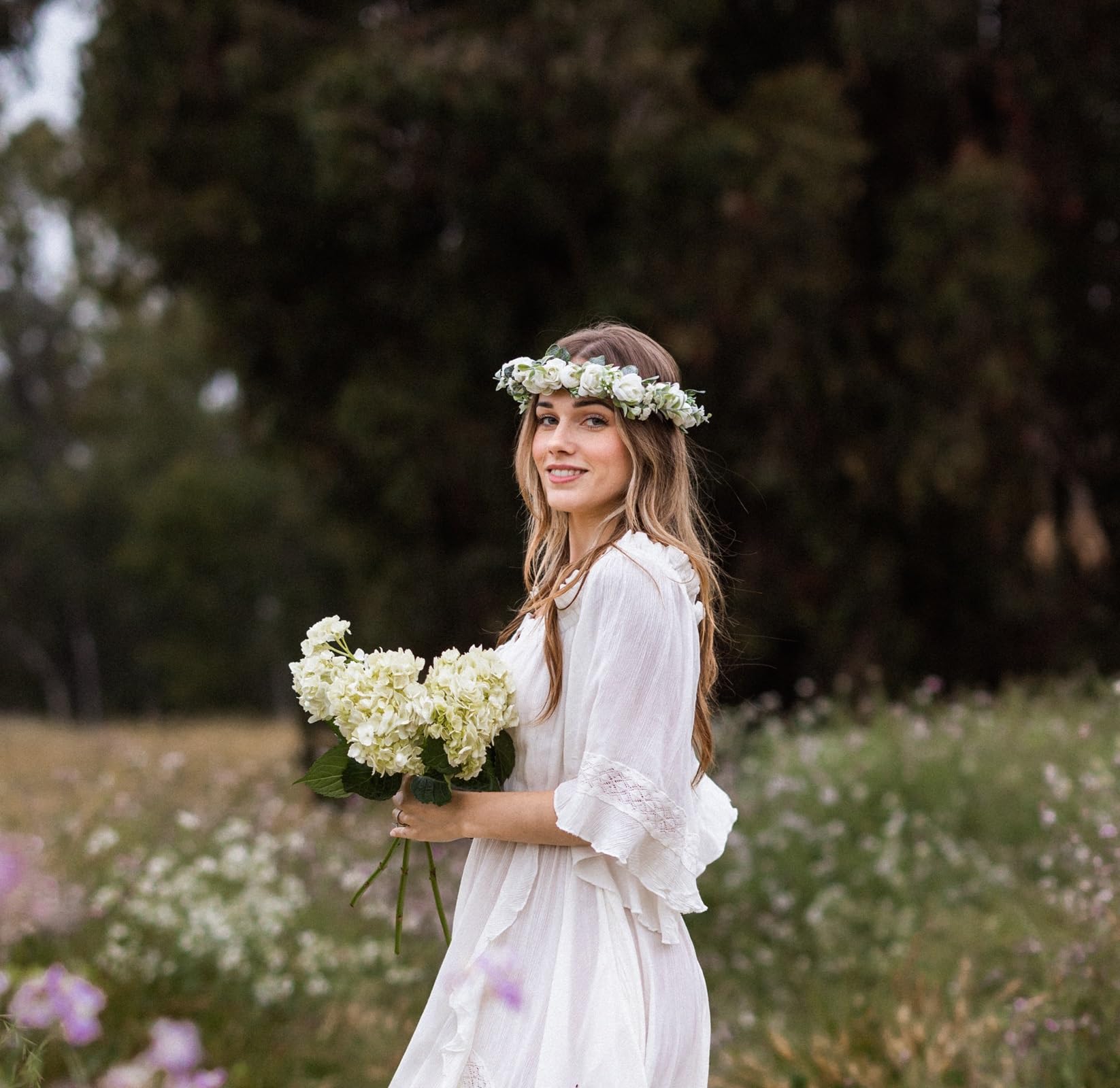 Vividsun Boho Flower Headband Floral Garland Crown Wedding Festival Party Headpiece (small white rose)