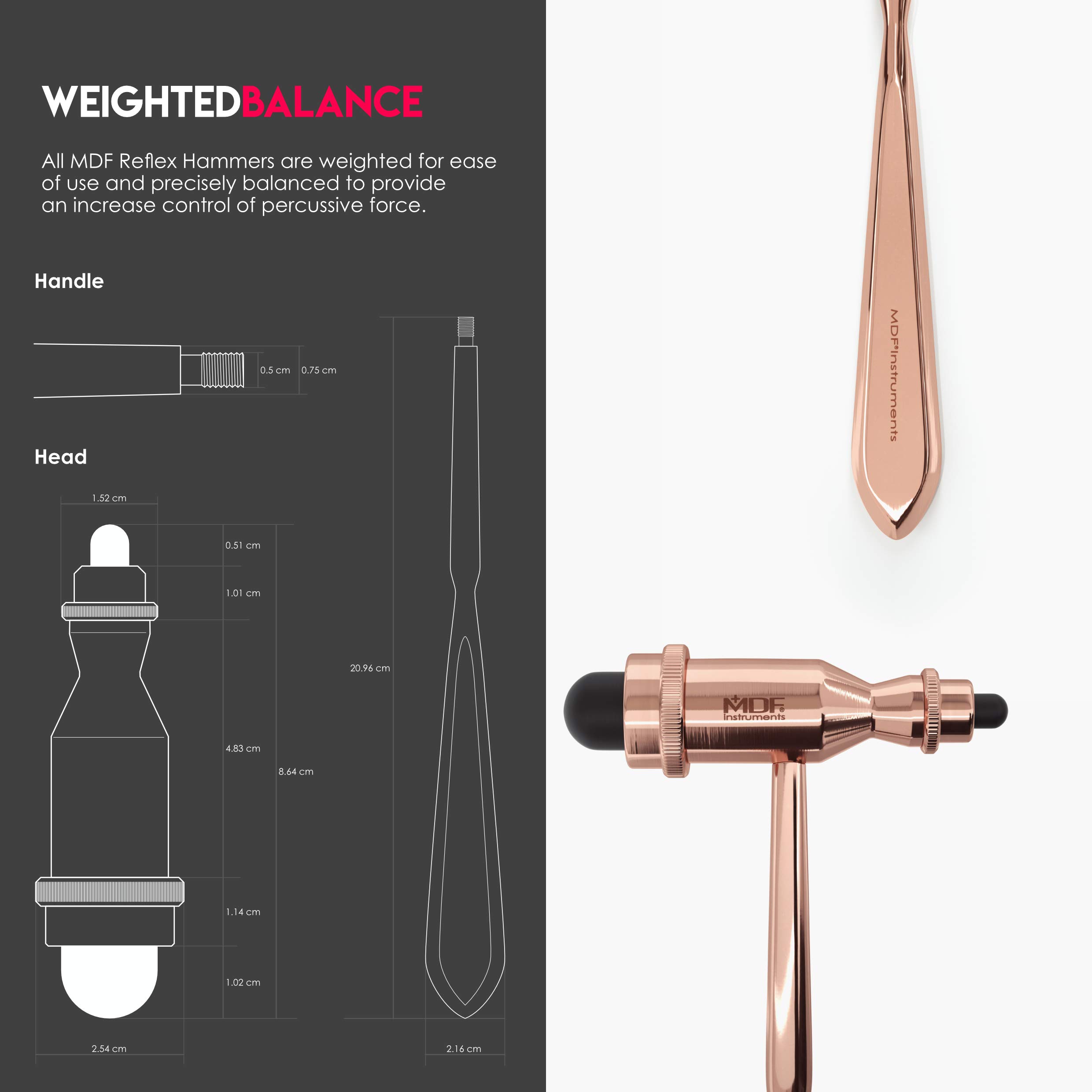 MDF Instruments, Rose Gold Tromner Neurological Reflex Hammer with Pointed Tip Handle for Cutaneous and Superficial Responses - Free-Parts-for-Life (MDF555) (Rose Gold/Black)