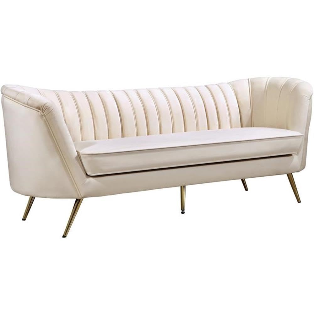 Meridian Furniture Margo Collection Modern | Contemporary Velvet Upholstered Sofa with Deep Channel Tufting and Rich Gold Stainless Steel Legs, Cream, 88" W x 30" D x 33" H