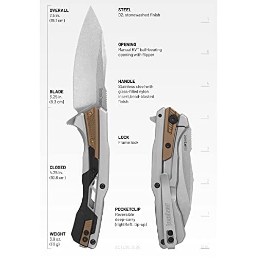 Kershaw Endgame Pocket Knife, 3.25" D2 Carbon Steel Spear Point Blade, Manual Flipper Opening, Frame Lock, Reversible Deep-Carry Pocketclip