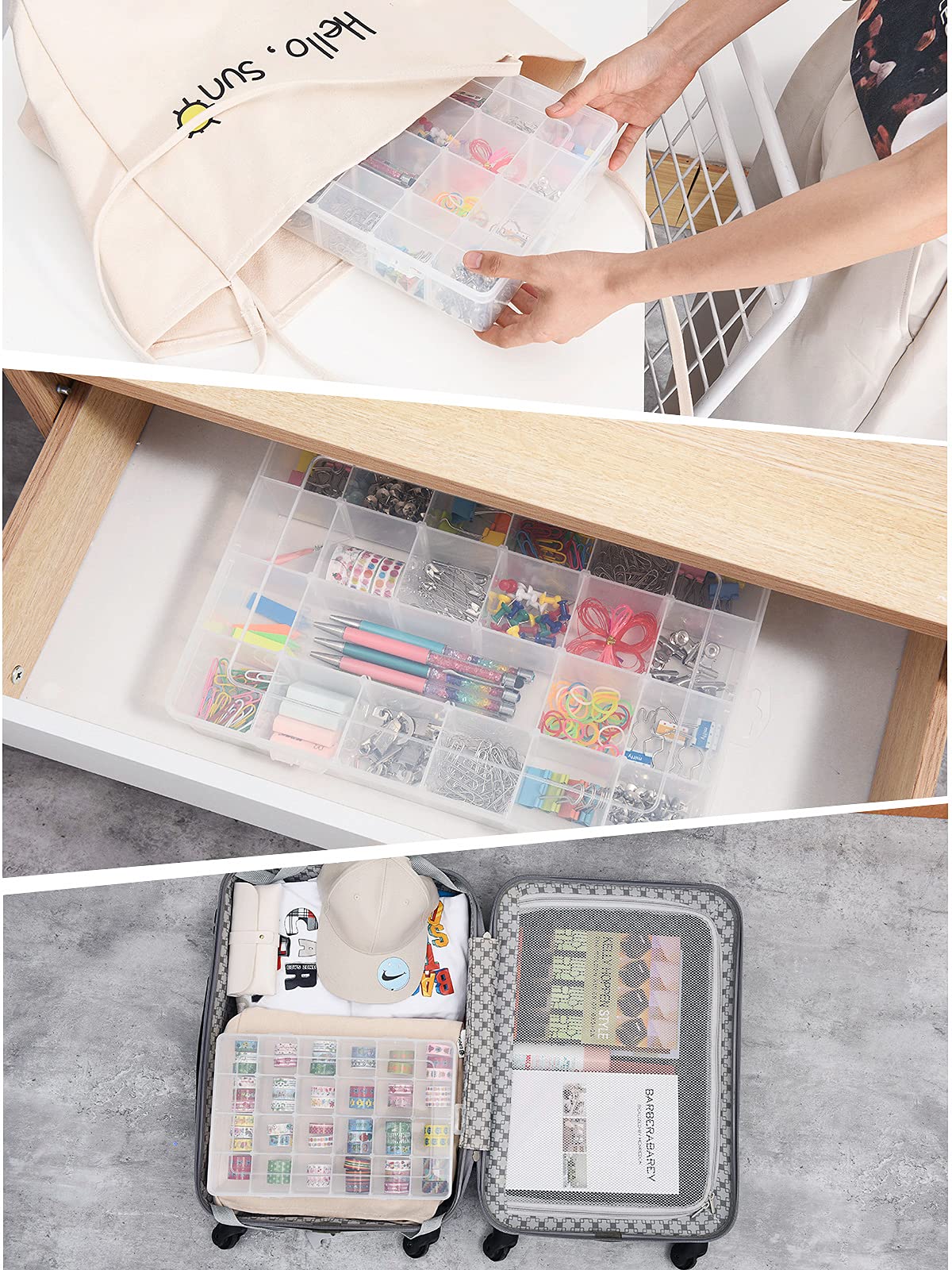 iBune 2 Pack 24 Grids Large Plastic Compartment Container for Washi Tape, Bead Storage Organizer Box Case with Removable Dividers for Craft Tackles Tools, Size 13.1 x 8.7 x 2.1 in, White