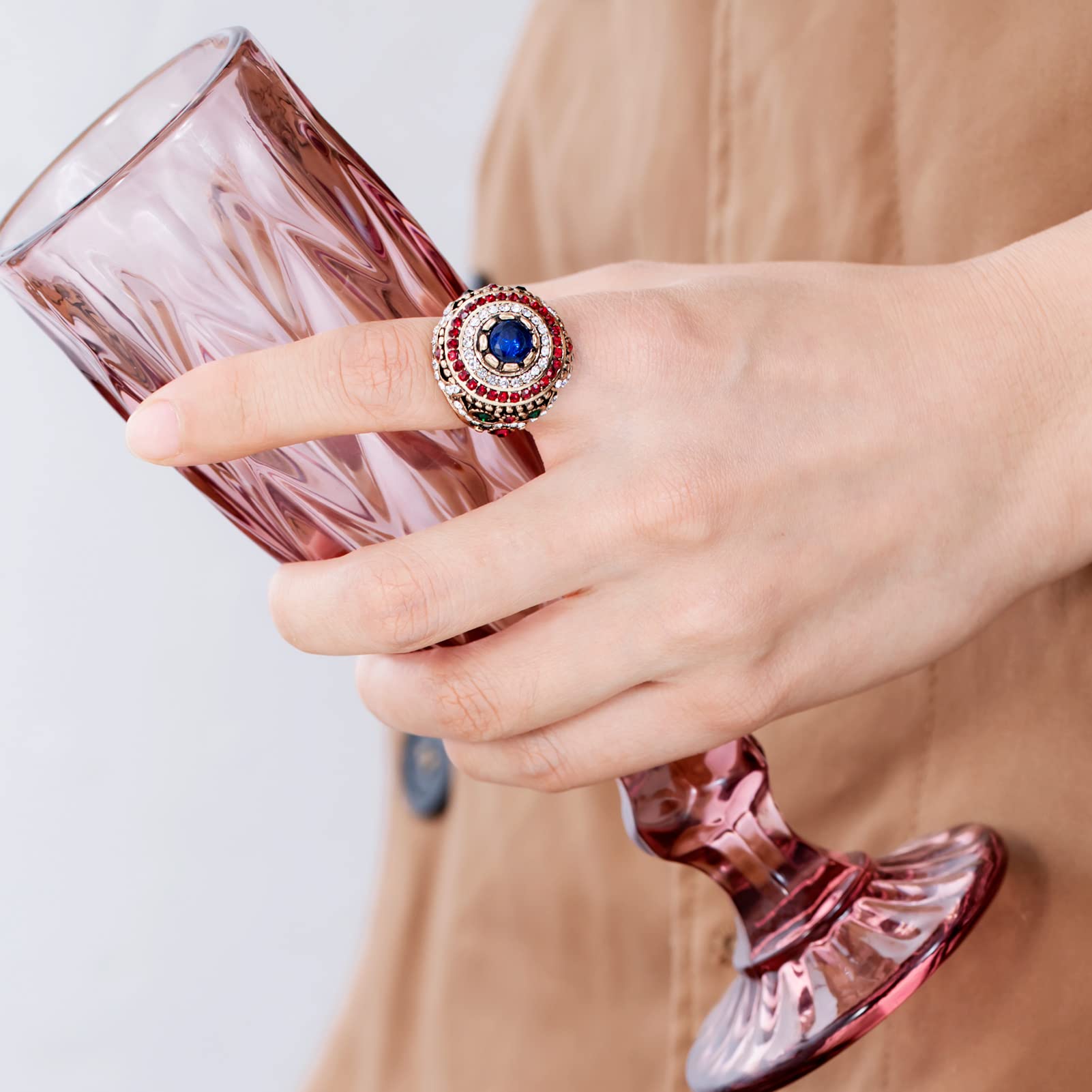 CKHAO Women Ring - 20mm Big Size Antique Gold Plated Turkish Style Blue Gemstone Vintage Ring Women Jewelry J0775BLUE (10)