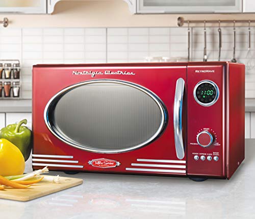 Nostalgia RMO4RR Retro Large 0.9 cu ft, 800-Watt Countertop Microwave Oven, 12 Pre-Programmed Cooking Settings, Digital Clock, Easy Clean Interior, Metallic Red