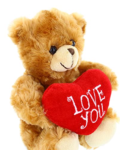 Plushland Stuffed Mocha Heart Bear – Love You- Plush Bear Toy for Kids & Adults - Embroidered Heart Pillow - Brown-6 inches