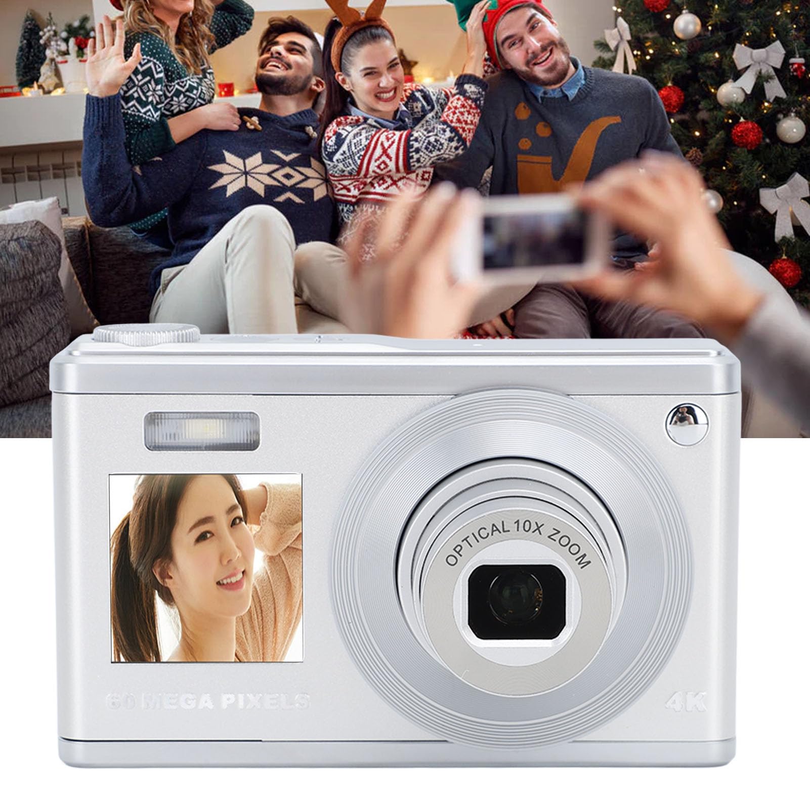 Compact Camera, Autofocus Digital Camera Dual HD IPS Screen with Built in Flash for Photography (Silver)