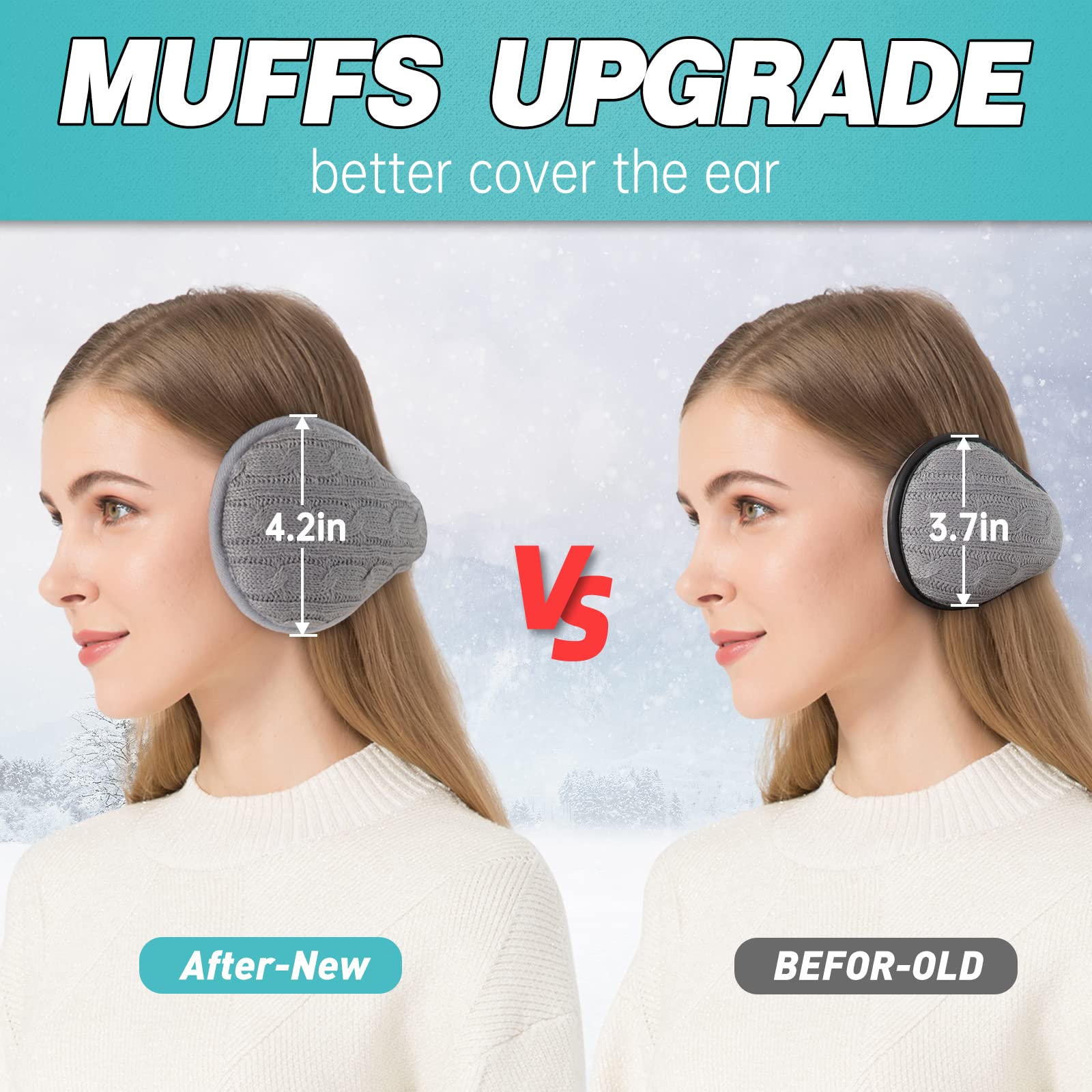 CUIMEI Knit Ear Muffs for Winter Women Men, Fleece Ear Warmer for Cold Weather, Behind the Head Adjustable Earmuffs