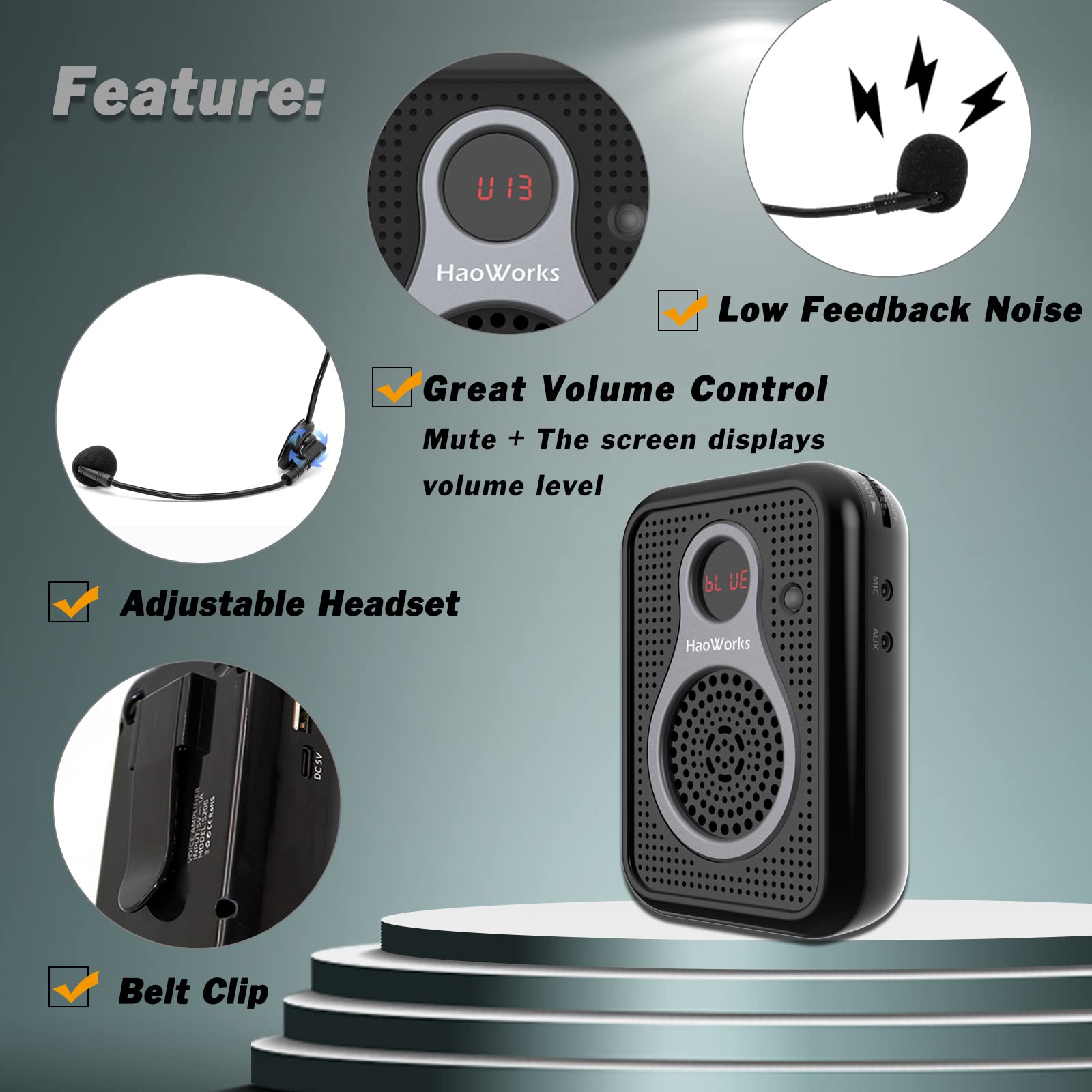 Voice Amplifier Portable Microphone Speaker - HW HaoWorks S208 Wired Headset with Microphone,Loud Clear Sound,No Feedback Noise,Mini Mic for Teachers/Tour Guides/Speaking/Singing