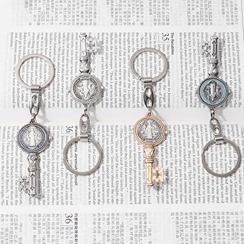 WHLHMK 4Pcs Saint Benedict Medal Keychain, St Benedict Medals Key Chain, Saint Benedict Jubilee Medal, Cross Protection Key Shaped Keychain, Exorcism Medal Christian Sacramental Medal Keyring