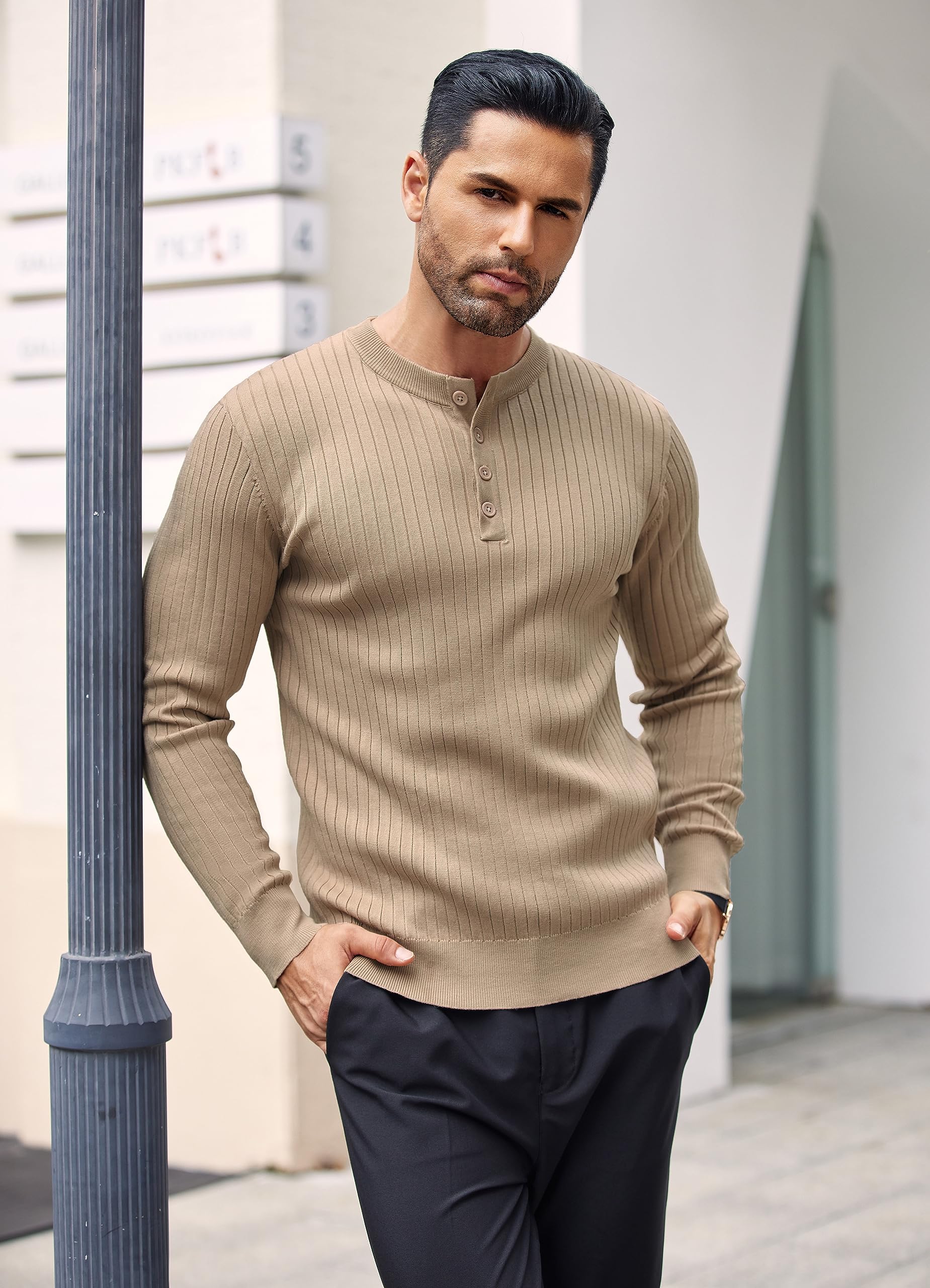 COOFANDY Men's Long Sleeve Knit Henley Shirts Casual Henley T-Shirts Lightweight Ribbed Sweater Khaki