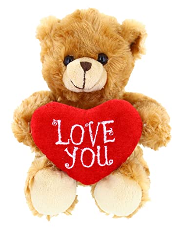 Plushland Stuffed Mocha Heart Bear – Love You- Plush Bear Toy for Kids & Adults - Embroidered Heart Pillow - Brown-6 inches