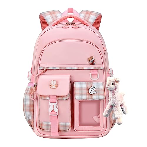 LIK EPOCH Pink Backpack Kawaii Backpack with Cute Pin Accessories Plush Pendant,16 Inch Aesthetic Personalized Breathable Backpack with Reflective Design