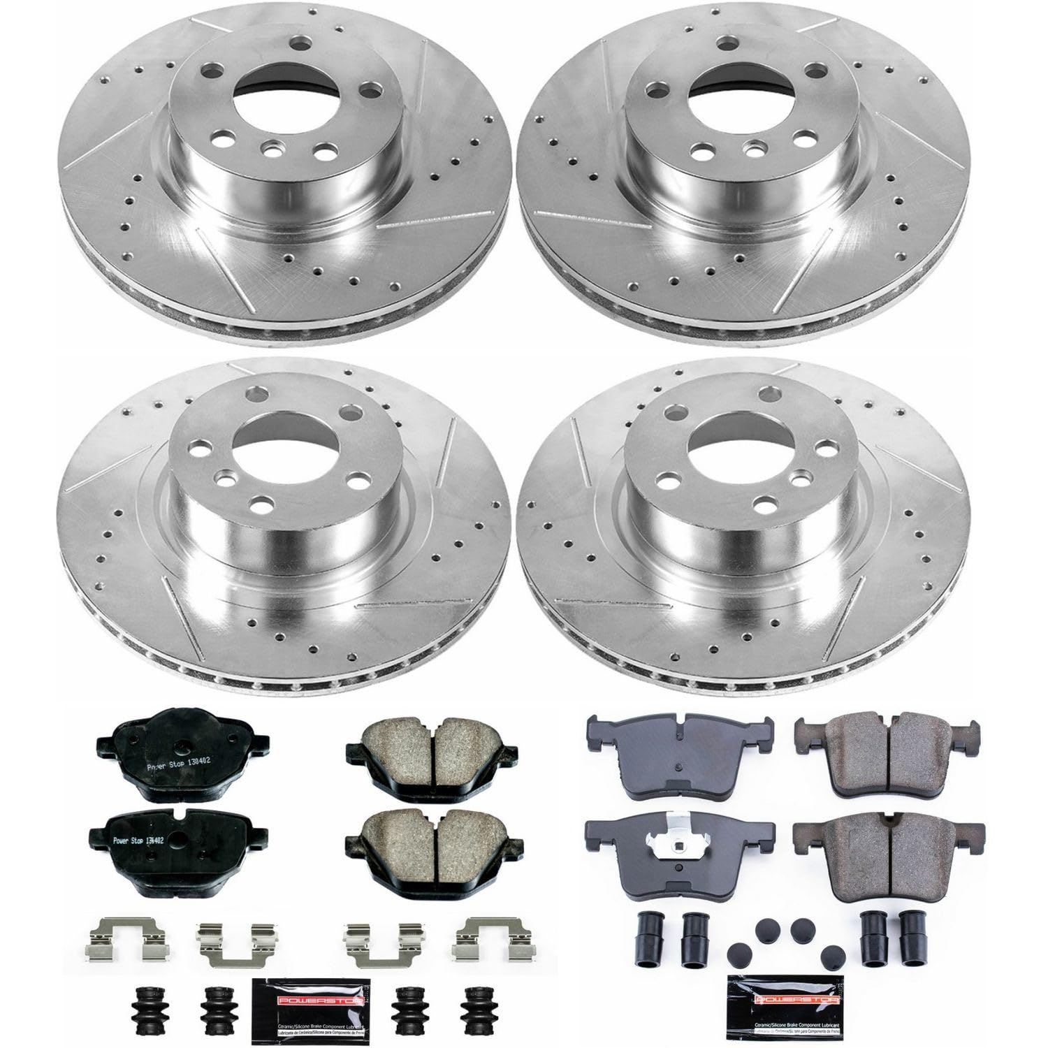 Power Stop K6039 Front and Rear Z23 Carbon Fiber Brake Pads with Drilled and Slotted Brake Rotors Kit and 1 Front & 1 Rear Sensor Wires For 2011 2012 2013 2014 2015 BMW X3 | 2015 BMW X4