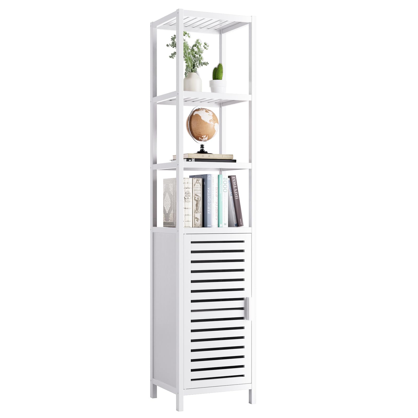 HITNET Bathroom Tall Cabinet, Floor Standing Bamboo Storage Cabinet with 6 Shelves and Shutter Door for Kitchen Living Room, White