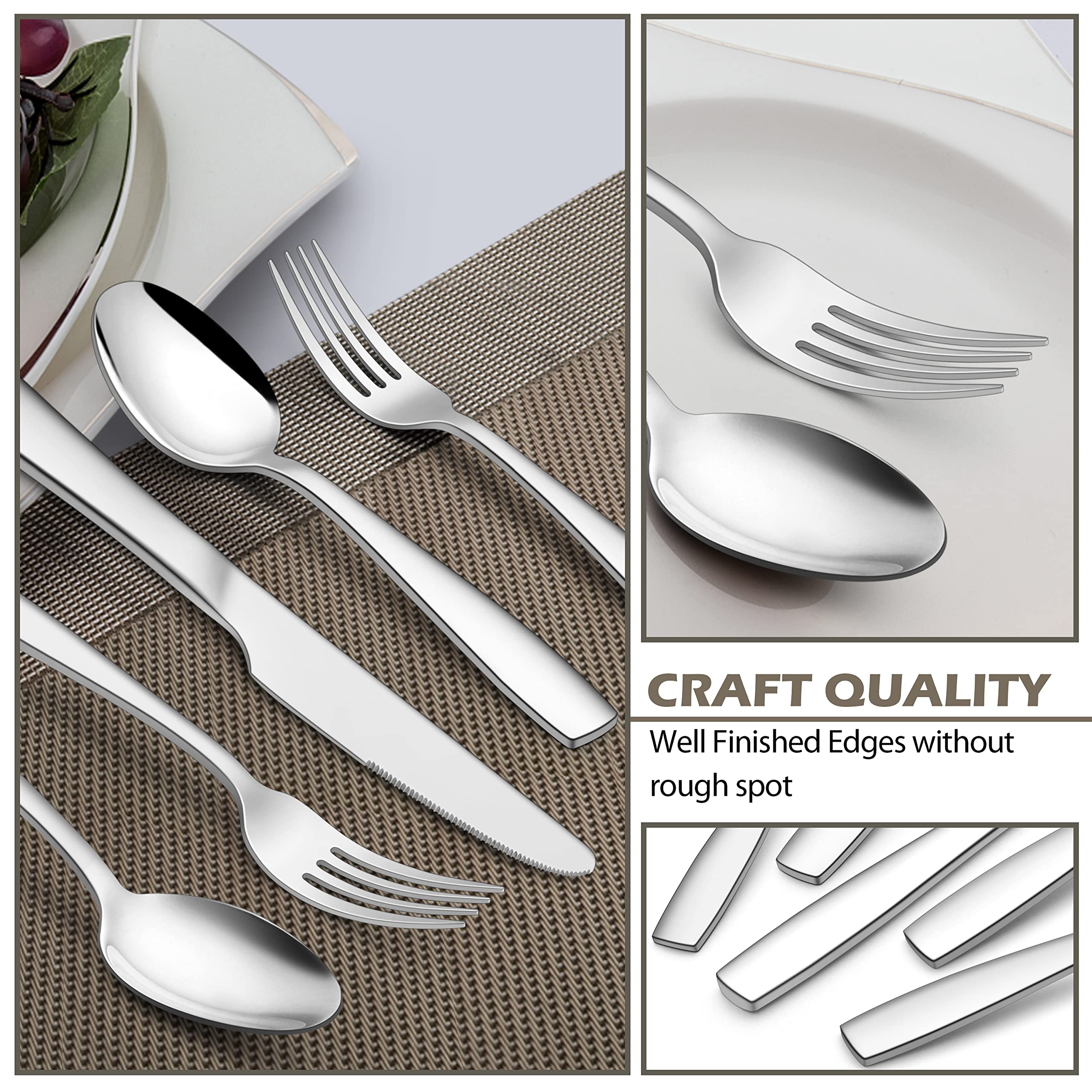 E-far 40-Piece Heavy Duty Silverware Set for 8, Stainless Steel Flatware Cutlery Set, Thick Metal Tableware Eating Utensils Include Forks Spoons Knives, Square Edge & Mirror Polished, Dishwasher Safe