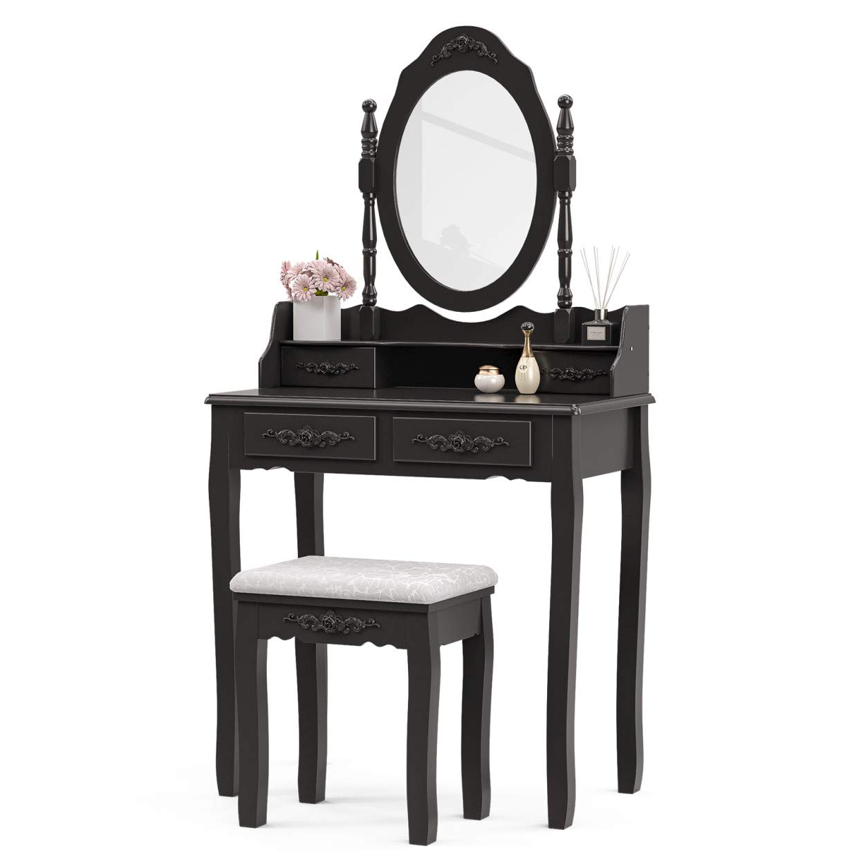 mecor Vanity Table Set/Oval Mirror,Wood Makeup Table w/4 Drawer Storage,Bedroom Dressing Table with Cushioned Stool for Girls Women Black