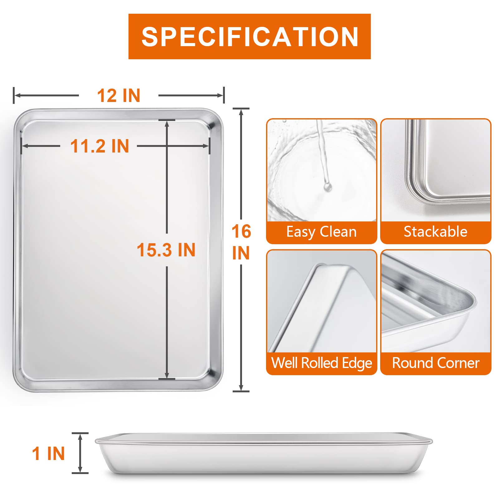 E-far Baking Cookie Sheet Set of 2, 16”x12” Stainless Steel Baking Sheet Pan with 50 Parchment Paper, Rectangle Baking Tray for Cooking Roasting, Rust Free & Heavy Duty, Oven & Dishwasher Safe