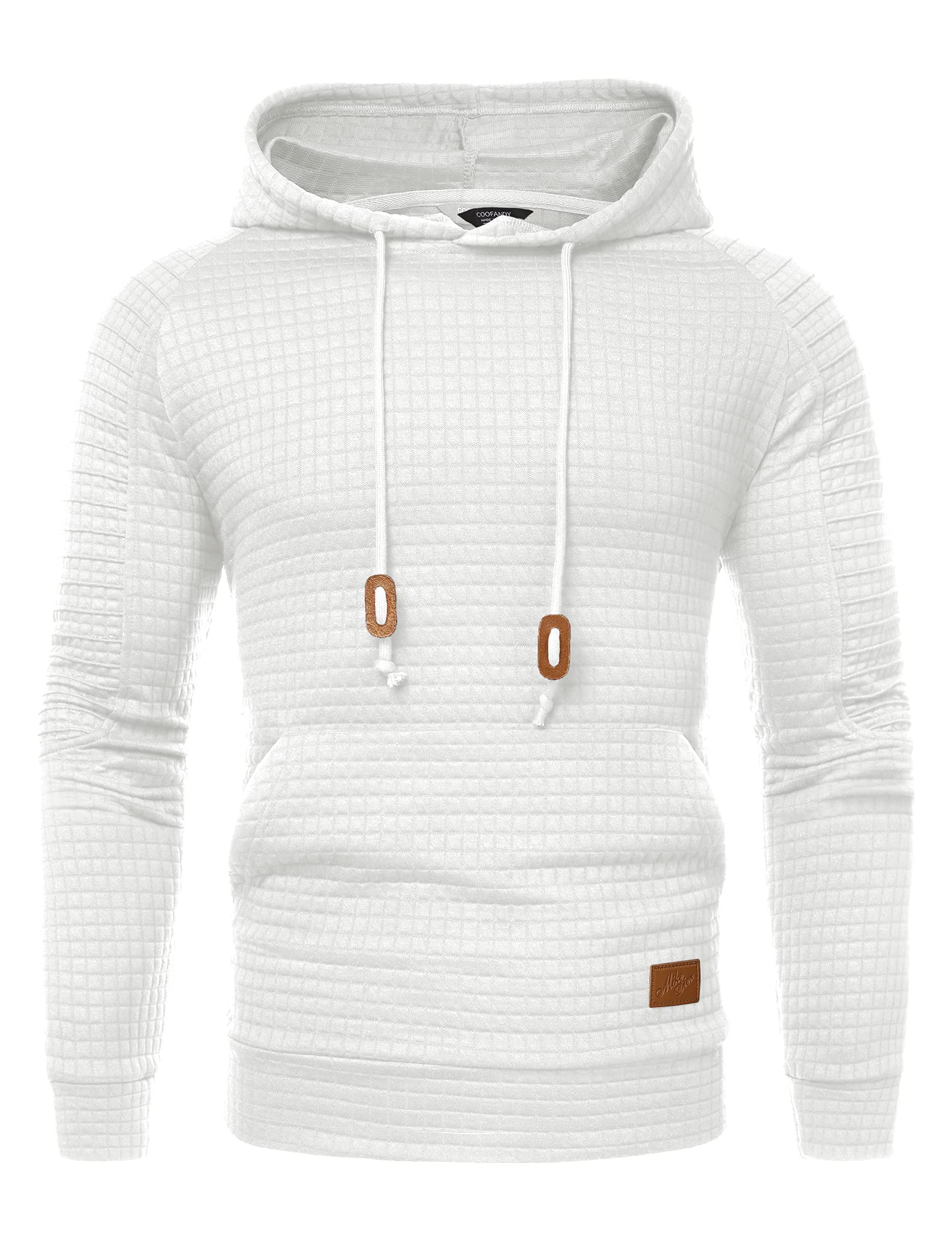COOFANDY Men's Hoodies Pullover Pleated Long Sleeve Drawstring Knit Hooded Sweatshirt with Kanga Pocket, White, Large