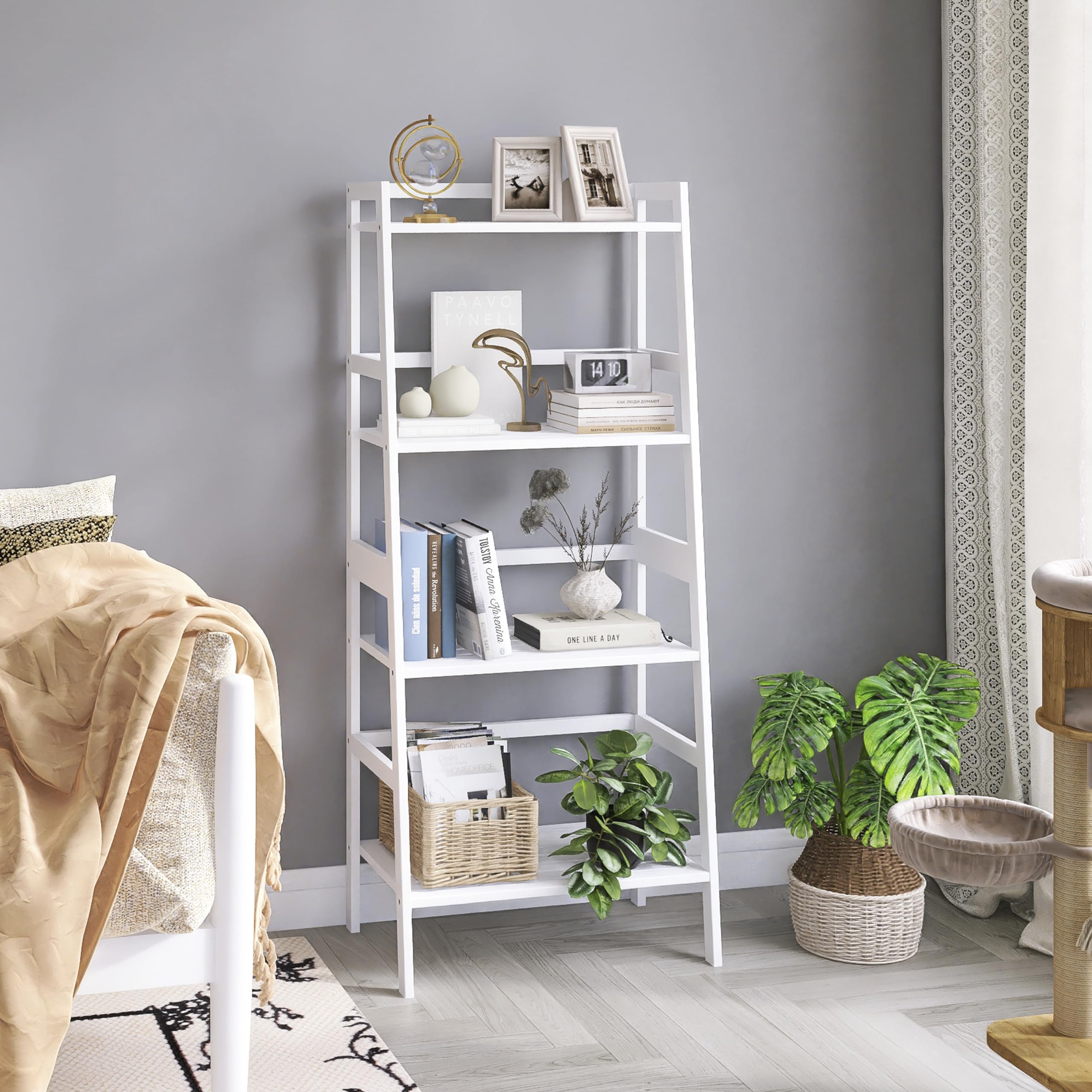 HITNET White Ladder Bookshelf, Leaning Bookcase, 4-Tier Bamboo Shelf, Floor Standing Storage Shelving Unit, Open Display Book Shelves