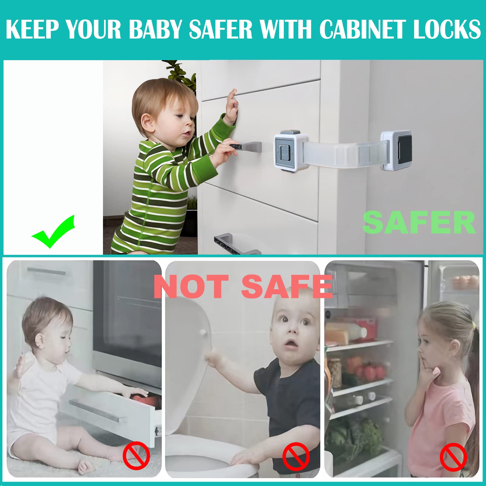 FANYAQIN Child Locks for Cabinets, 6-Pack Upgraded Double Lock System Child Safety Cabinet Locks with Adjustable Strap, Multi-Purpose Baby Locks for Cabinets and Drawers, Refrigerator, Oven, Toilet