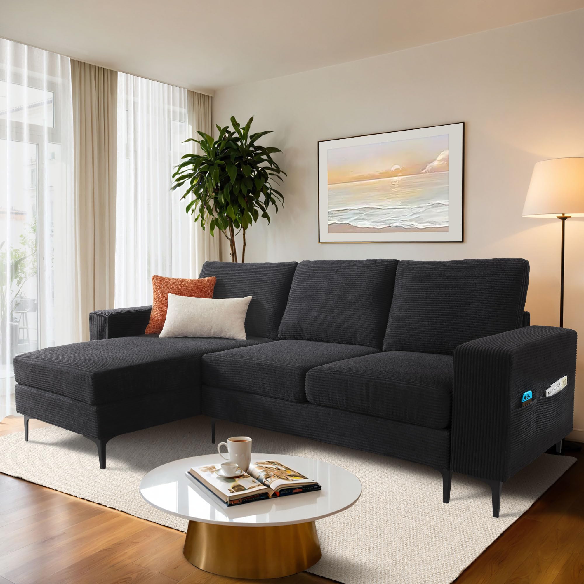 HOOOWOOO 100" L Shaped Couch with Left Chaise,Black Corduroy Home Sofa Living Room,Modern Extra Deep Sofa Couch Set,Corner Couch Comfortable